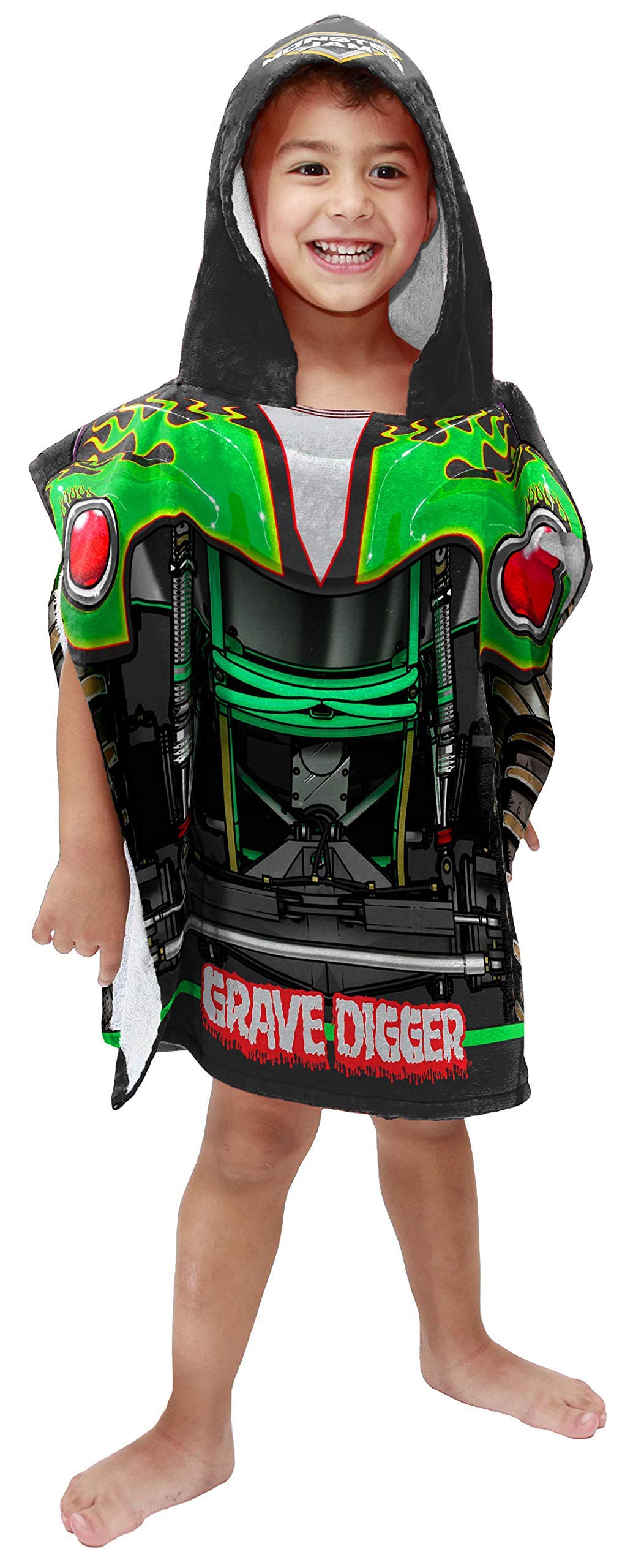 Jay Franco Monster Jam Grave Digger Kids Bath/Pool/Beach Hooded Poncho - Super Soft & Absorbent Cotton Towel, Measures 22 x 22 Inches