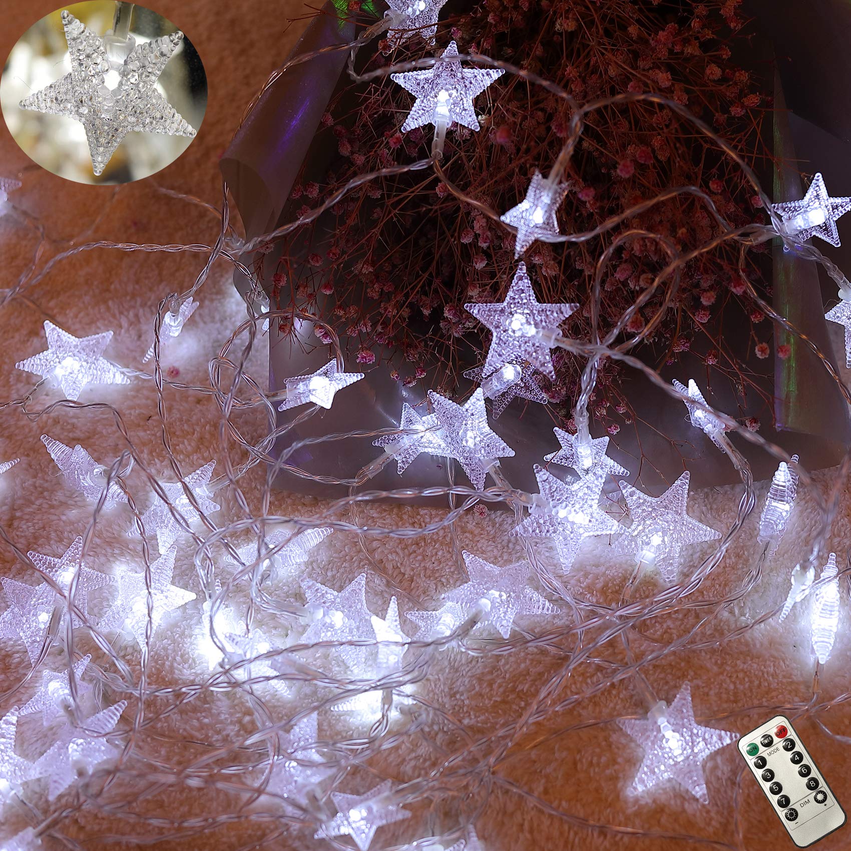 HOME RIGHT Christmas String Lights, 20Ft 40 LED Stars Waterproof Battery Operated Remote Control Twinkle String Light for Indoor Outdoor Garden Patio Yard Camping Halloween Holiday White