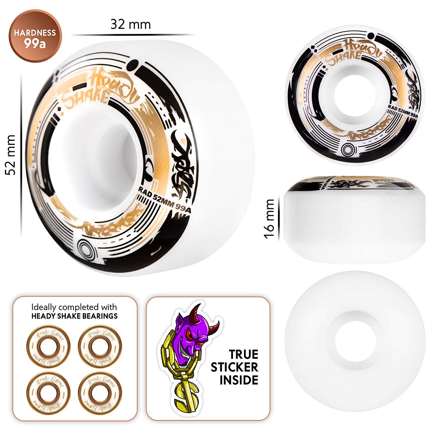 Heady Shake Pro Skateboard Wheels Rad Mode 52mm 99a, Skateboarding Accessory for Fast Momentum, Smooth Rides, Enhanced Grip, 4 Pack with Skate Sticker