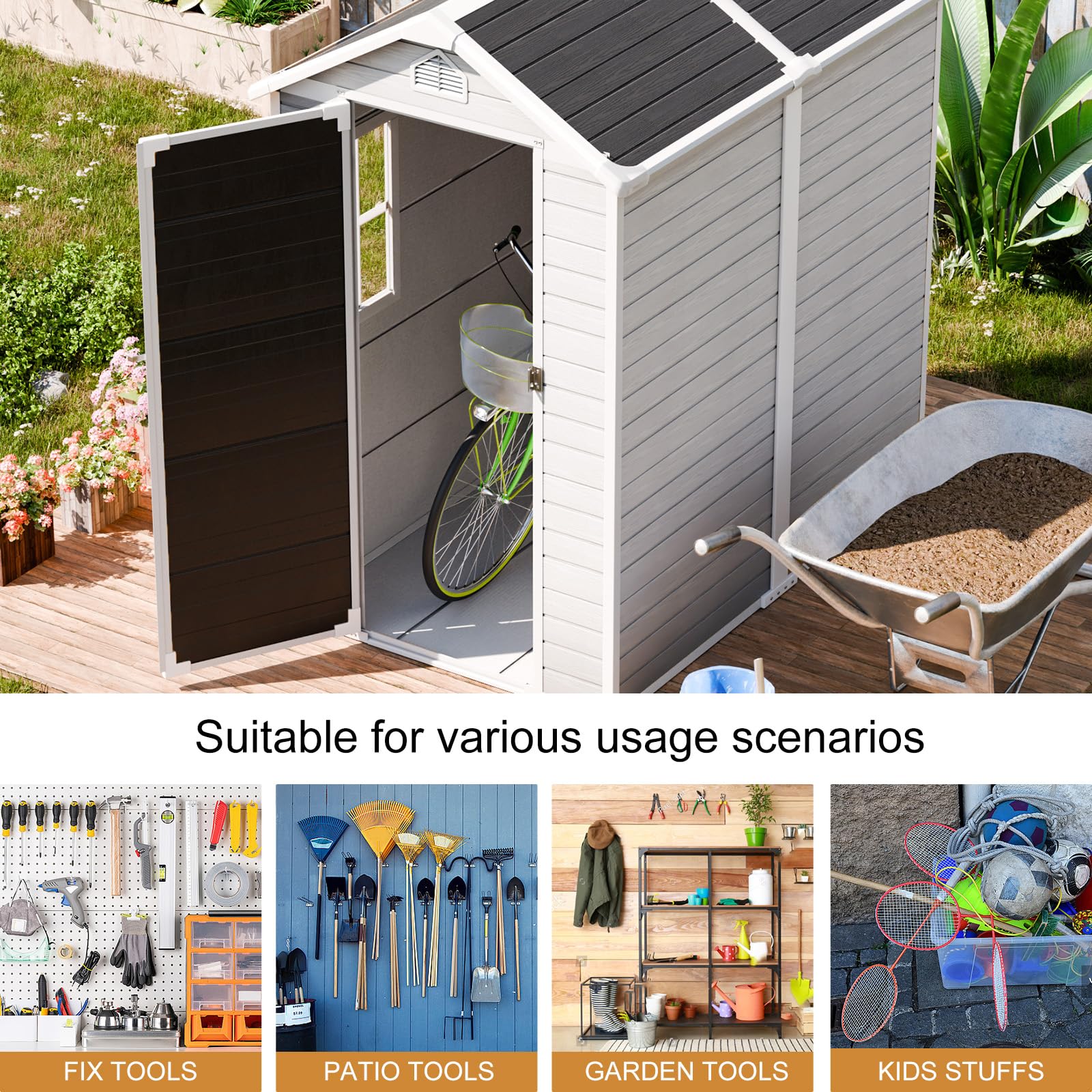 Outdoor Resin Storage Shed with Floor Window Lockable Door Included, 6x4 FT Plastic Sheds, Waterproof Outside Storage Sheds for Garden Backyard Patio Lawn Tools, Gray