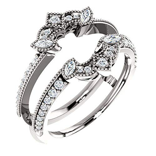 IRA 14K White Gold Plated in 925 Sterling Silver Round & Marquise 0.50 ct CZ Diamond Millgrained Wedding Band Enhancer Guard Ring For Womens (9)