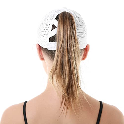 HGGE Womens Criss Cross Ponytail Baseball Cap Adjustable High Messy Bun Ponycap Trucker Hats Quick Drying Mesh Dad Hat for Outdoor Sports Travel White