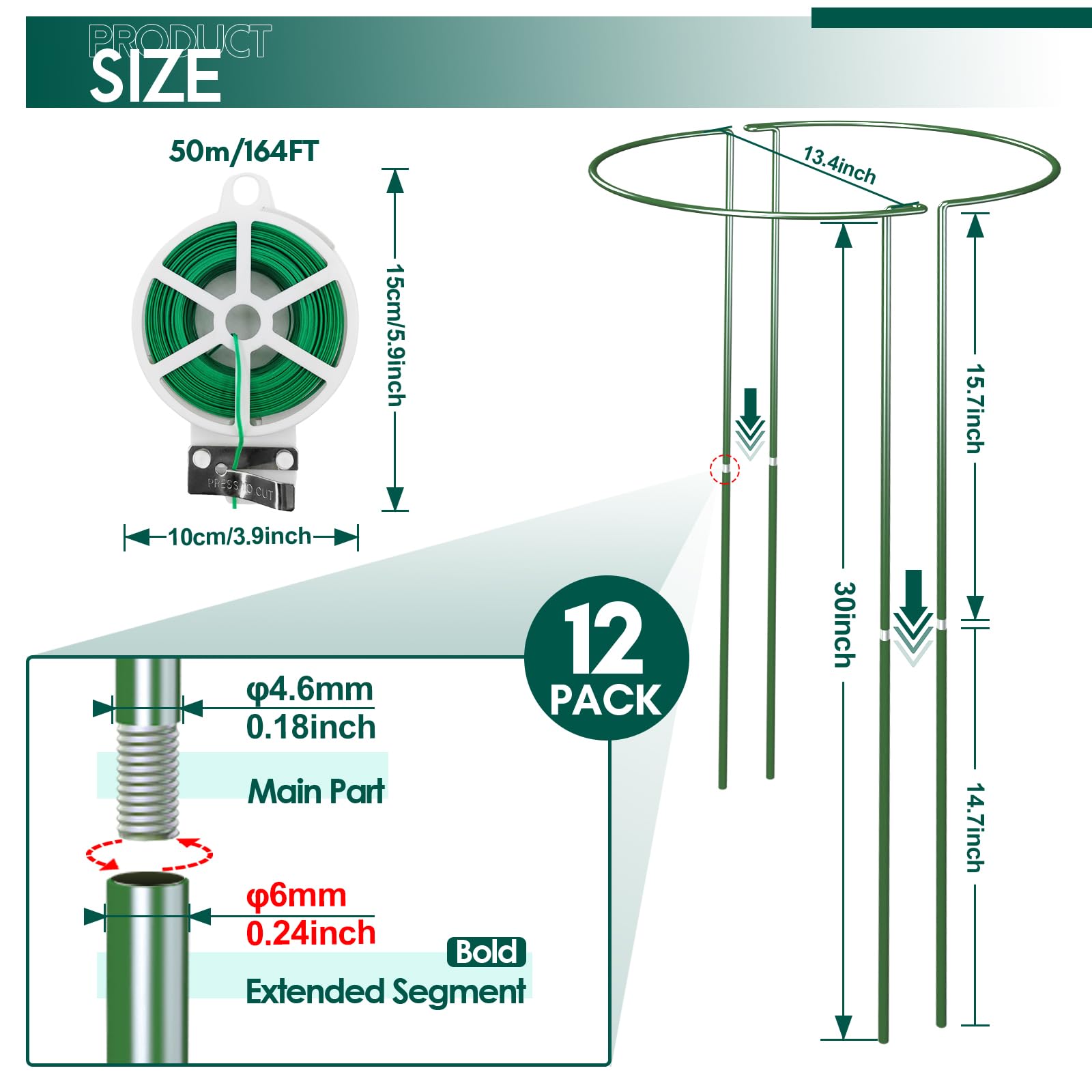 LKSSZS 6 Pack 30 inch Plant Support Stakes, Heavy-Duty Half Round Peony Support, Garden Plant Stakes Cage for Outdoor Plants, Peony, Tomato, Hydrangea, (15In Support +15In Stainless Extension Tubes)