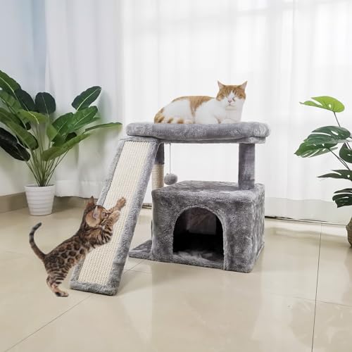 SIYIPURR Small Cat Tree for Indoor Cats,Cat Tower with Cat Scratching Post and Board,Cat House with Cat Perch for Kitten, Cat Condo,Stable Cat Stand (Light Grey)