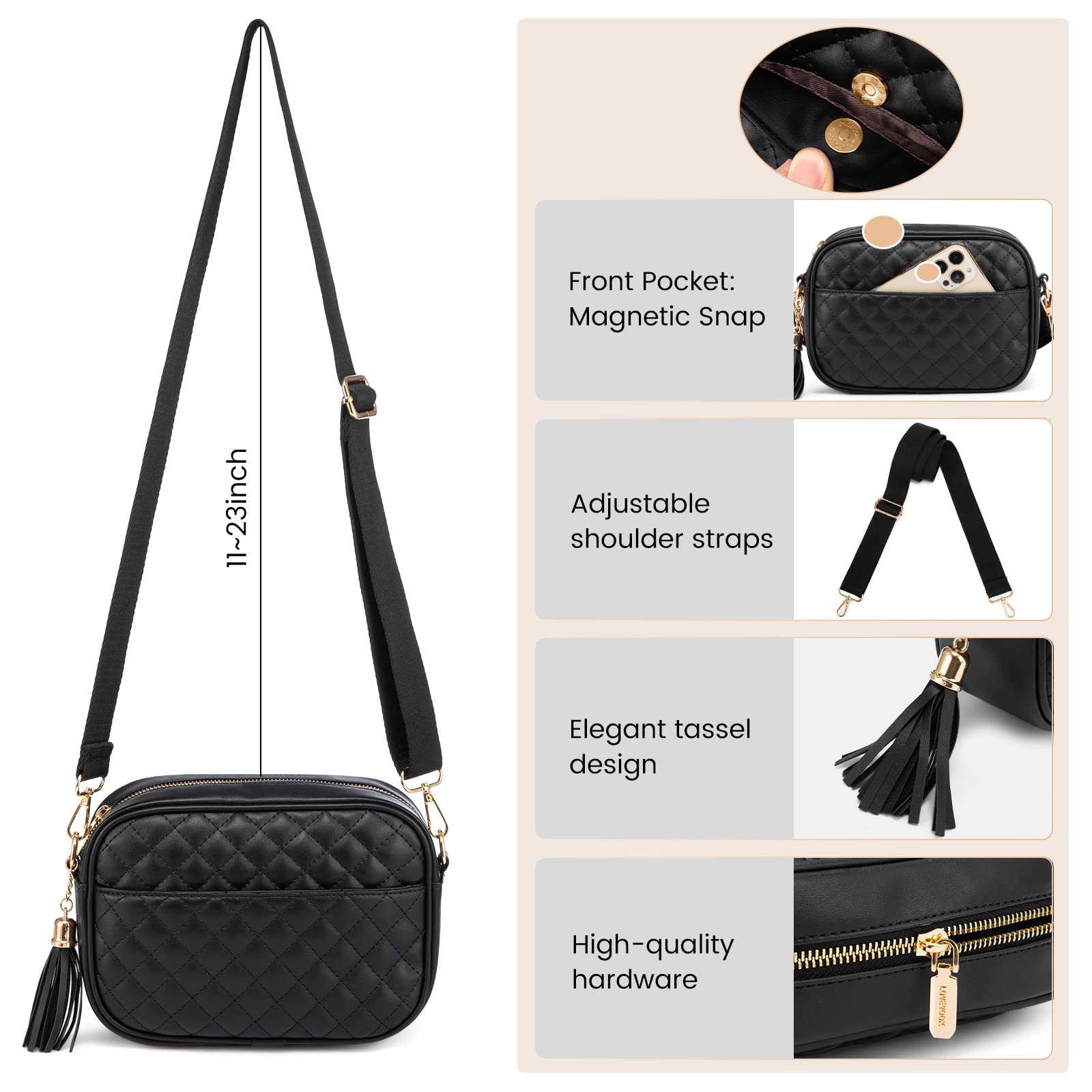 LOVEVOOK Black Quilted Crossbody Purse for Women,Trendy Design Shoulder Purse Ladies Camera Bag Clutch,Double Straps,Black