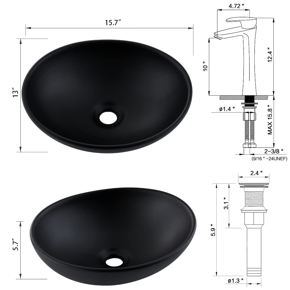 Oval Black Vessel Sink with Faucet and Drain Combo -Bokaiya 16x13 Ceramic Bathroom Sink Above Counter Vessel Sink Oval Porcelain Ceramic Bathroom Lavatory Vanity Sink Art Basin Set