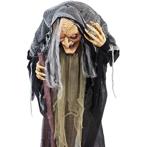 Haunted Hill Farm Life-Size Scary Poseable Talking Witch with Touch Activated Lights and Sound, Battery-Operated Indoor/Covered Outdoor Halloween Decoration