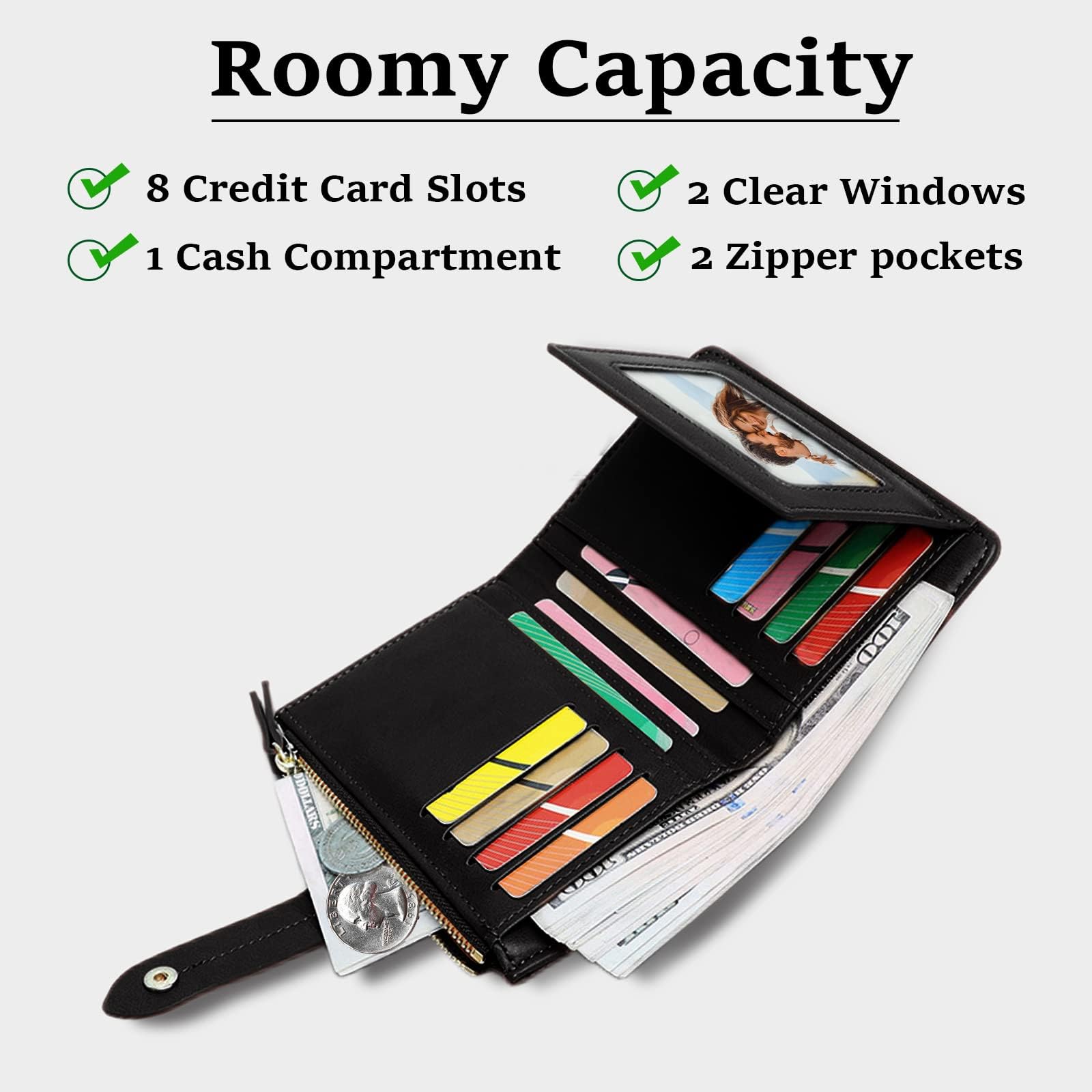 MEL JUN Small Wallet for Women Leather Bifold Compact Small Womens Wallet, Ladies Wallet (Black)