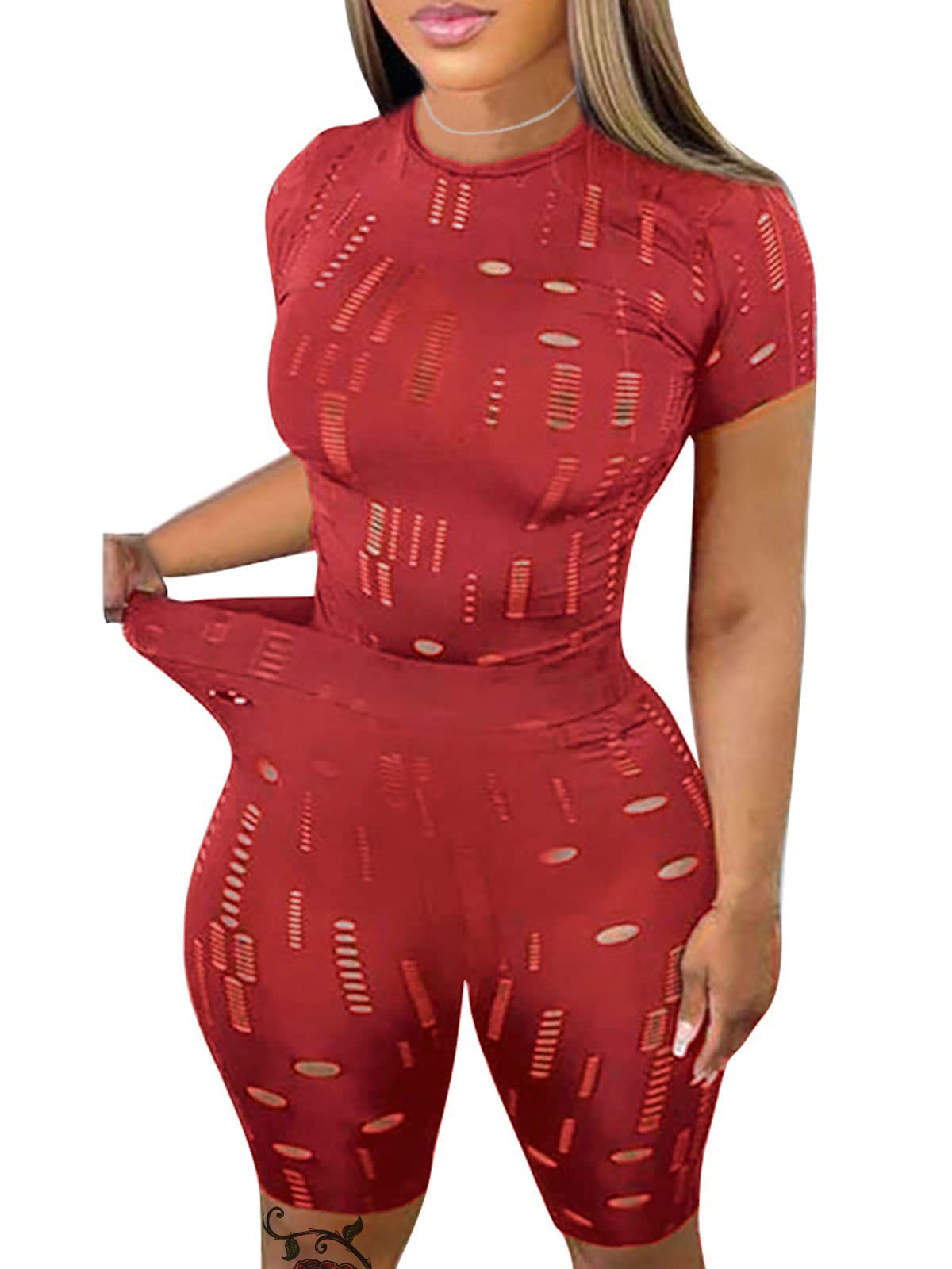 Hilinker Women's Hollow Out 2 Piece Outfits Short Sleeve with Bodycon High Waisted Shorts Red X-Large