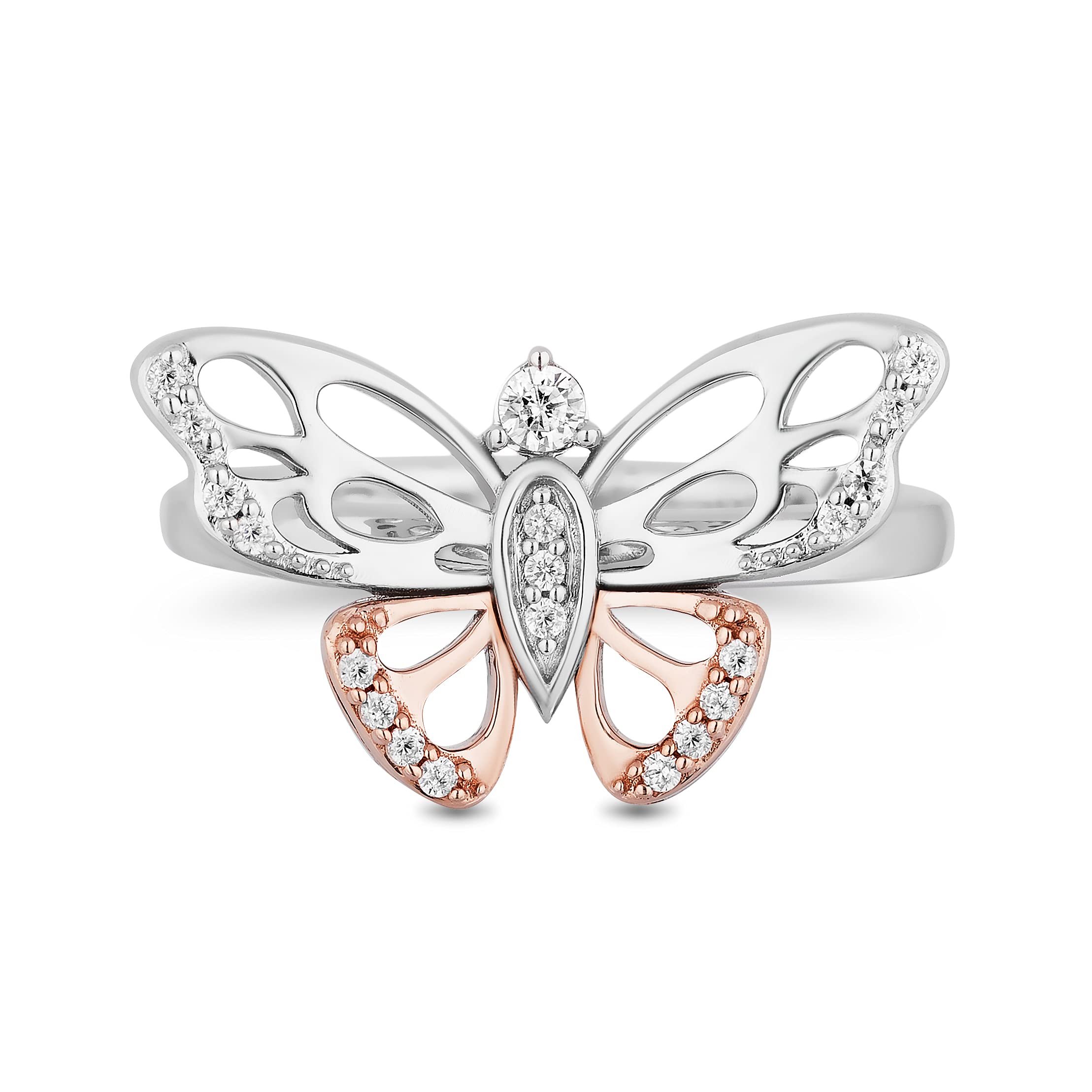Jewelili Hallmark Fine Jewelry Sterling Silver and 14K Rose Gold 1/6 Cttw Natural White Round Diamond Butterfly Ring, Size 8