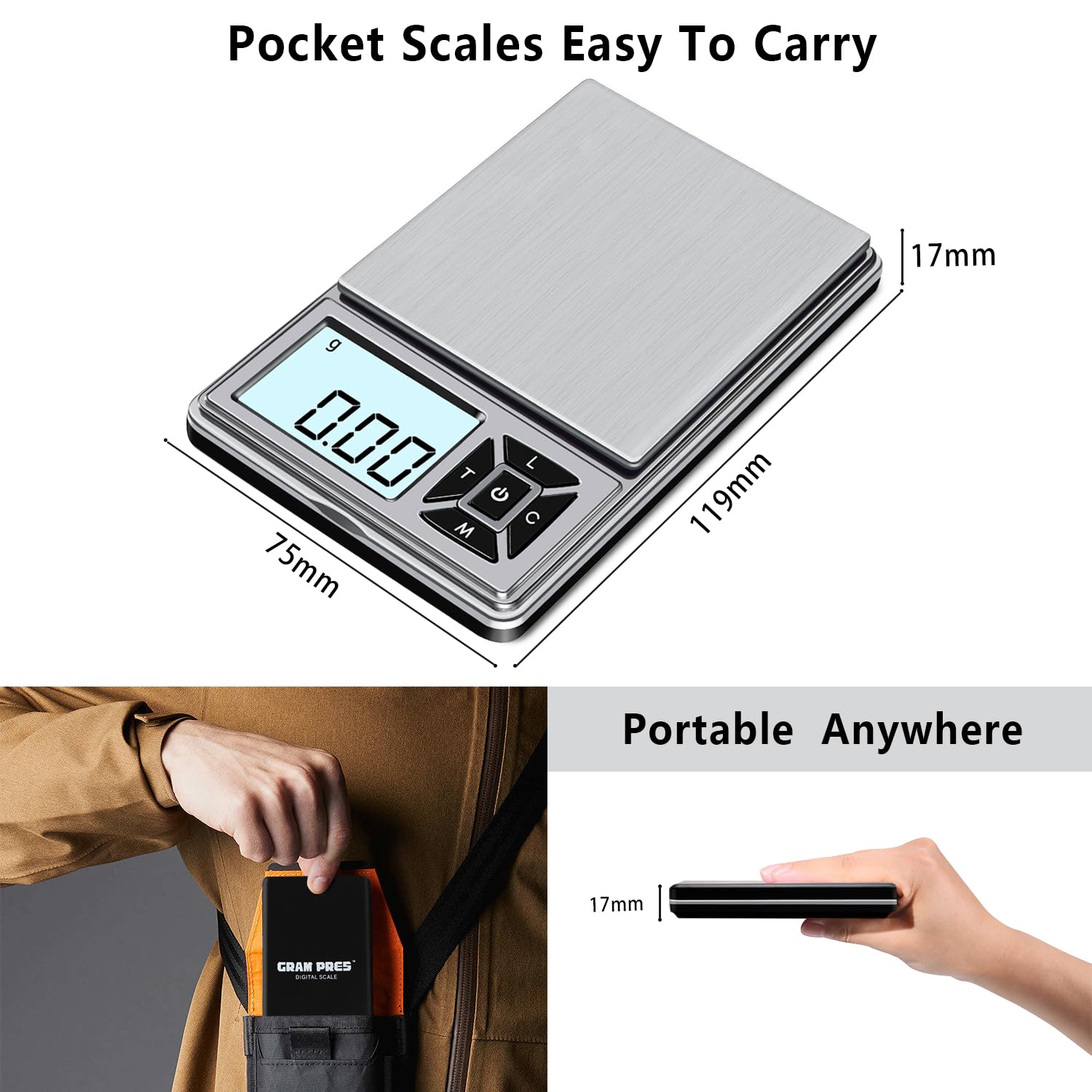 GRAM PRES Digital Pocket Gram Scale 300g x 0.01g Accuracy, Micro Mini High Precision Scale Digital Weight Grams and Oz for Jewelry, Diamond,Arrows, Powders, Herbs and Food,with 50g Cal Weights