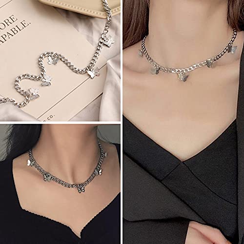 IFKM 6 PACK silver necklaces for women men layered adjustable choker chain Multilayer necklace set with butterfly cute pendant for teens girls gift