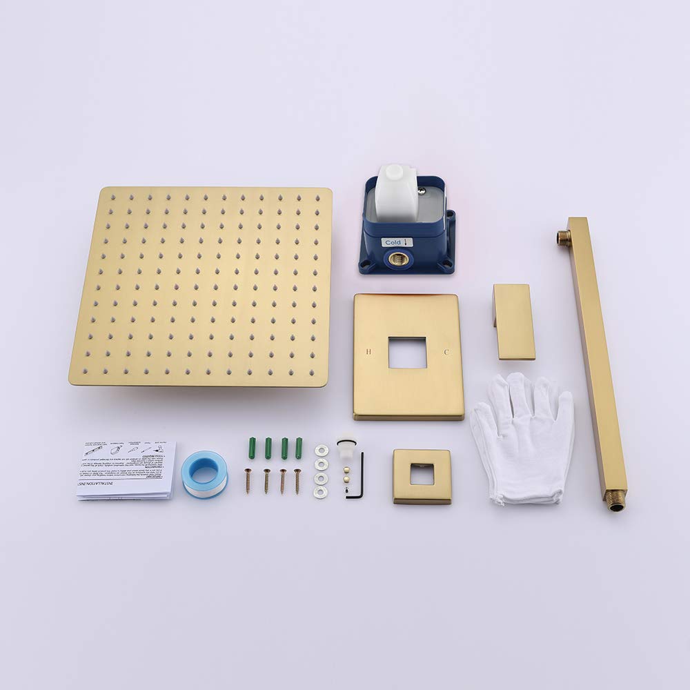 Iriber Single Function Shower Trim Kit with Rough-in Valve, Bathroom Gold Brushed Shower System Faucet Set with 12 Inch Rainfall Square Stainless Steel Metal Showerhead, Champagne Bronze