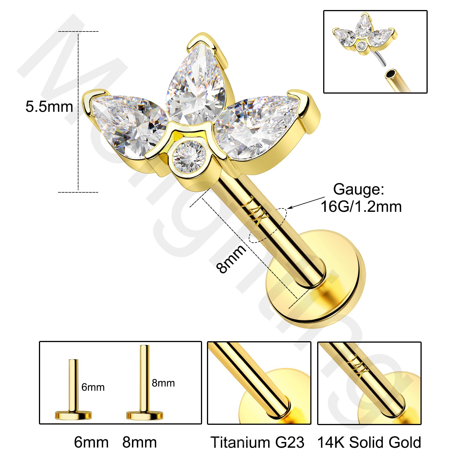 Melighting 14K Solid Gold Flat Back Earring Gold Threadless Earring Titanium Threadless Push in Earring for Women 16G Gold Tragus Piercing Jewelry Gold Helix Earring Cartilage Earring for Women