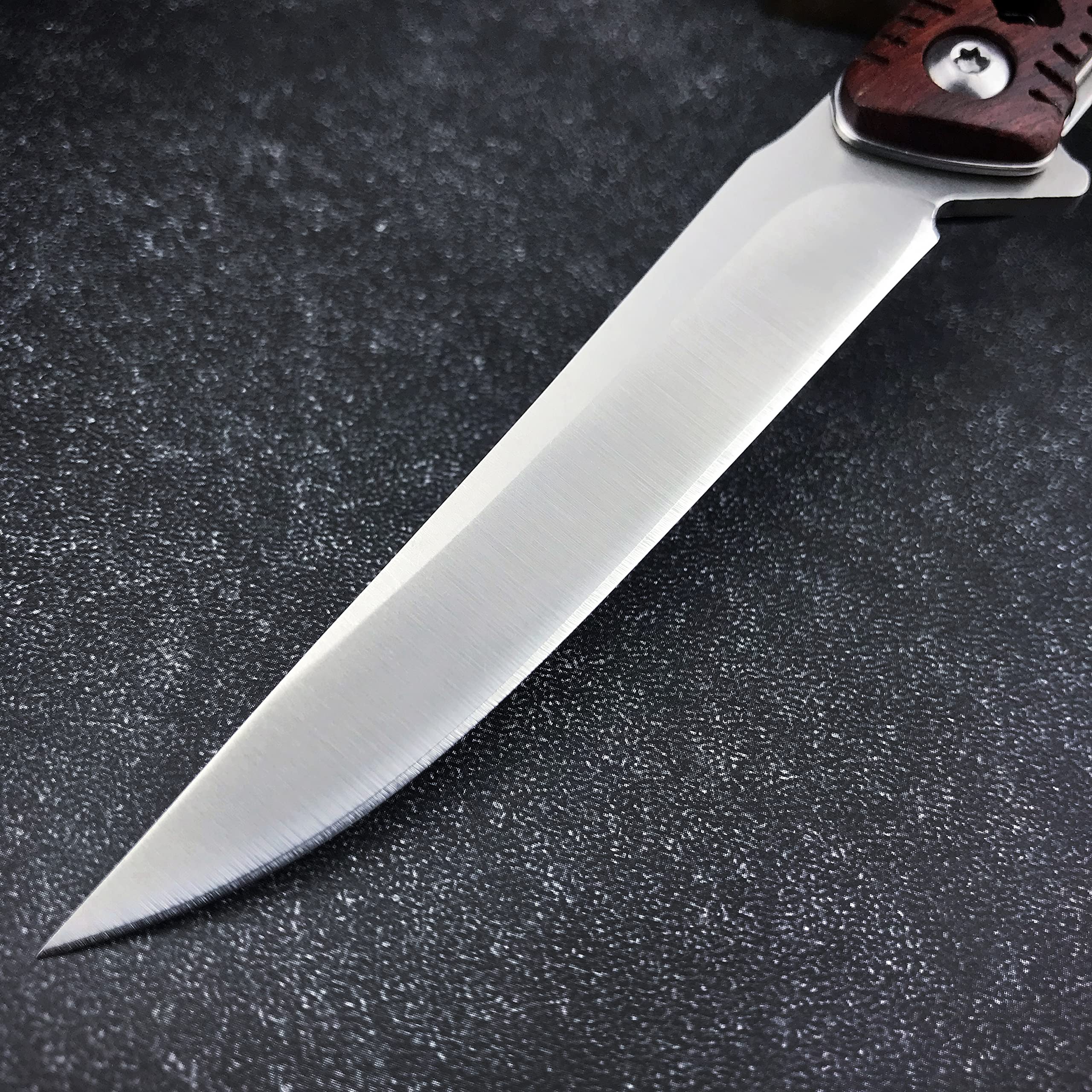 HUAAO 7.3’’ Folding Pocket Knife, EDC Small Knife with D2 Steel Blade, Rosewood Handle, Liner Lock, Flipper Open, for Camping Hunting Outdoor