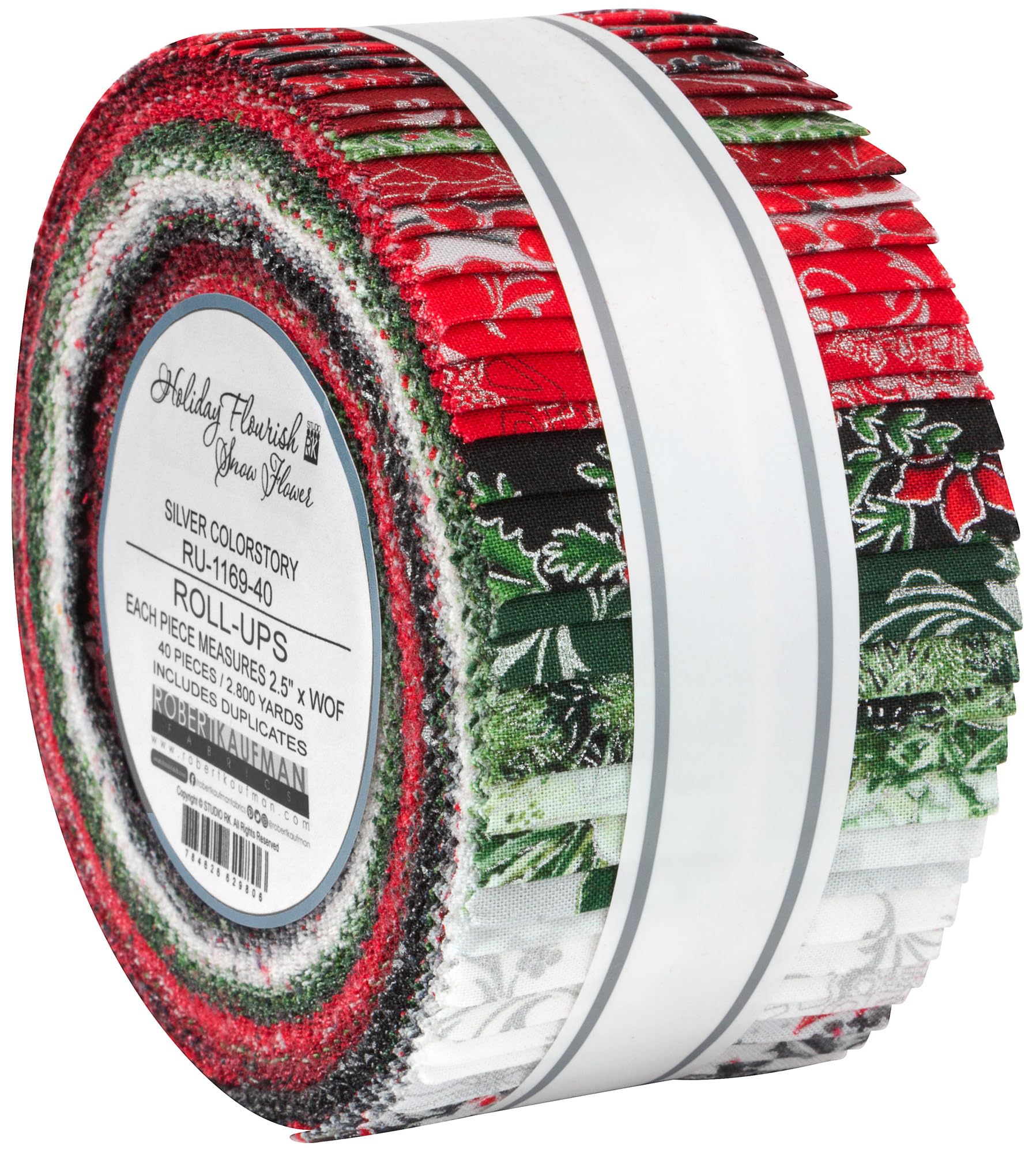 Holiday Flourish Snow Flower Silver Roll Up 40 2.5-inch Strips Jelly Roll Robert Kaufman RU-1169-40