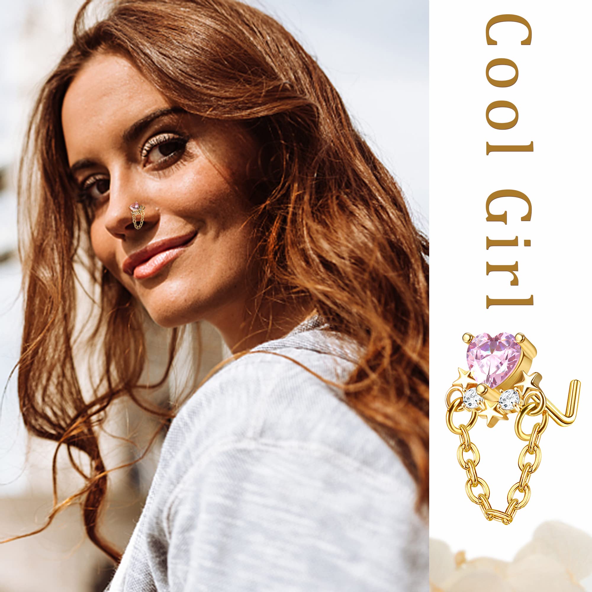 Jstyle Dangle Nose Rings Studs for Women Stainless Steel L Shaped Nose Studs Heart Arrow Feather Snowflake Wing CZ Dangling Nose Piercing Jewelry G