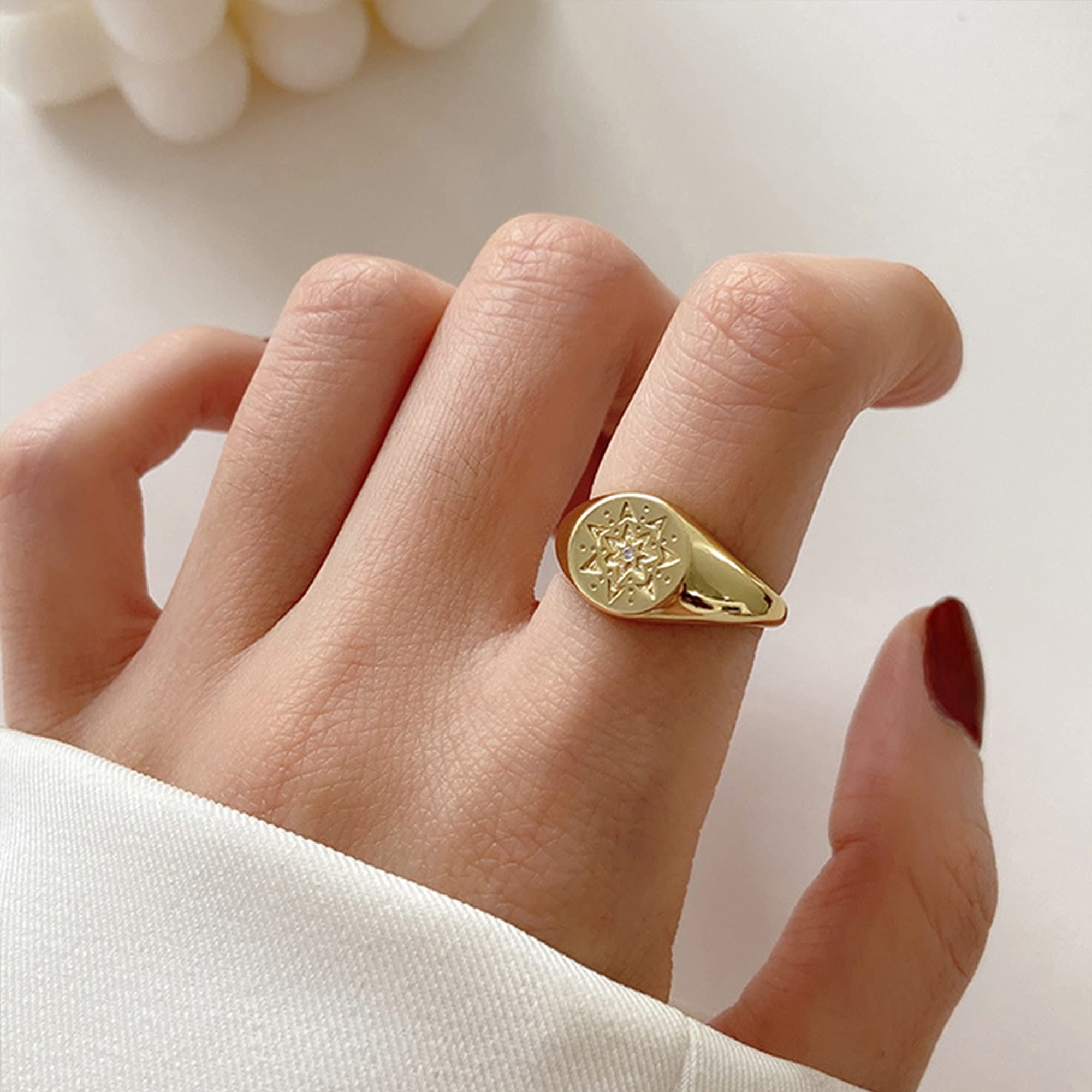 HAIAISO 16Pcs Gold Chunky Dome Ring Set for Women 18K Gold Plated Stackable Open Link Ring Trendy Braided Twisted Geometric Heart Signet Ring Adjustable Band Ring Minimalist Statement Over 3 Years Old