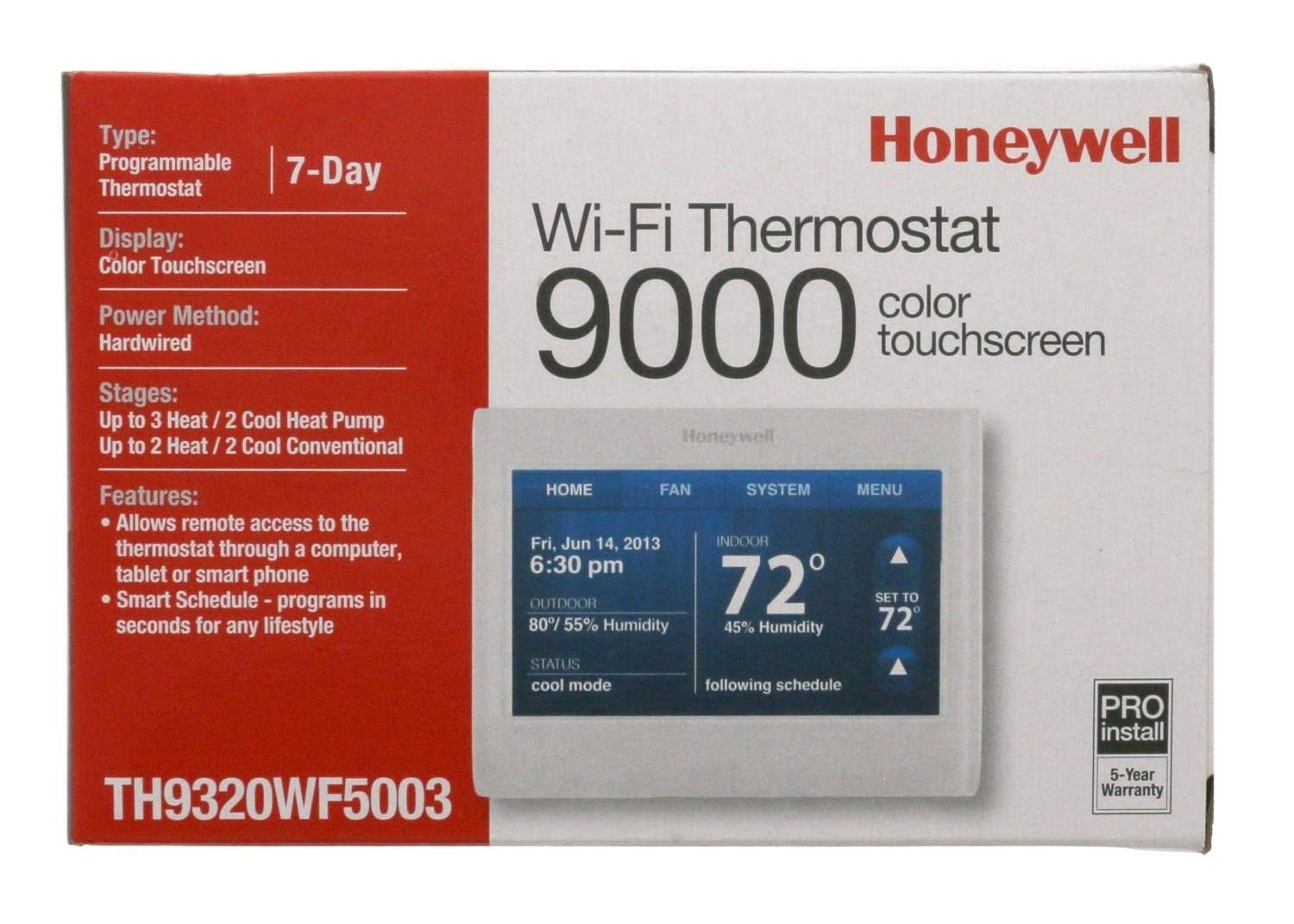 Honeywell TH9320WF5003 WiFi 9000 Color Touchscreen Thermostat, Works with Alexa, Needs 'C' Wire (Renewed)