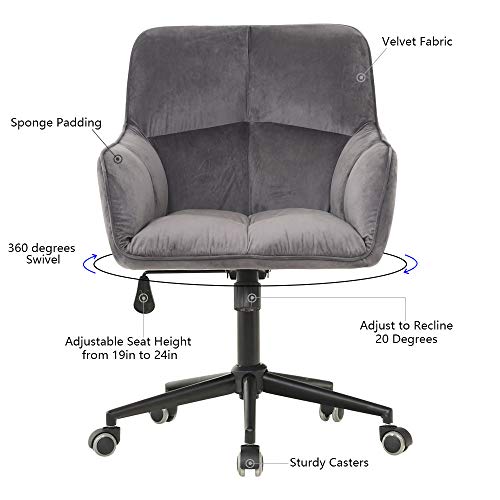 Home Office Desk Chair Velvet Task Chair Accent Chairs - Comfy Computer Chair for Desk, Adjustable Swivel Chair Coffee Chairs Padded Arm Chair for Living Room Bedroom (Grey)
