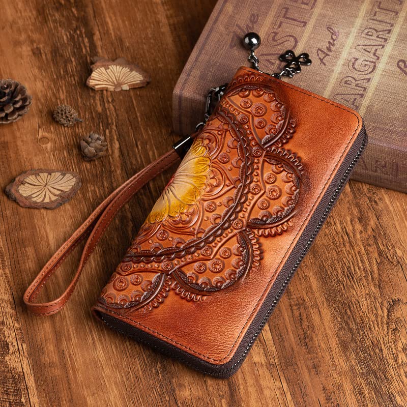 LMKIDS Retro Genuine Leather Wallets for Women Embossed Women's Purse Ladies Clutch Purse with Tassel (Style 8)