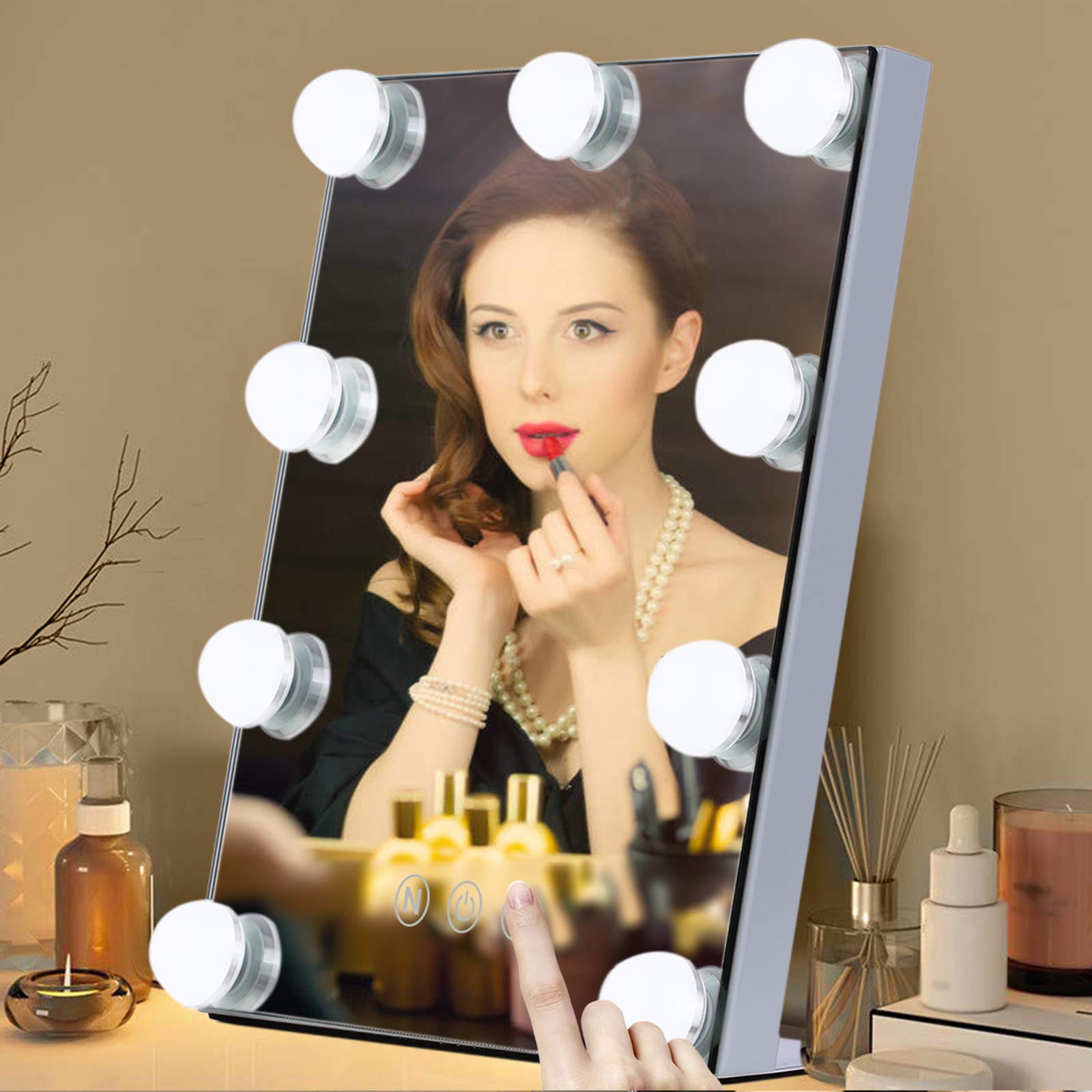 Hollywood Mirror with Light Lighted Vanity Makeup Mirror Cosmetic Mirror Touch Control 9 LED Bulbs 3 Colors Dimmable Light 10X Magnification(White)
