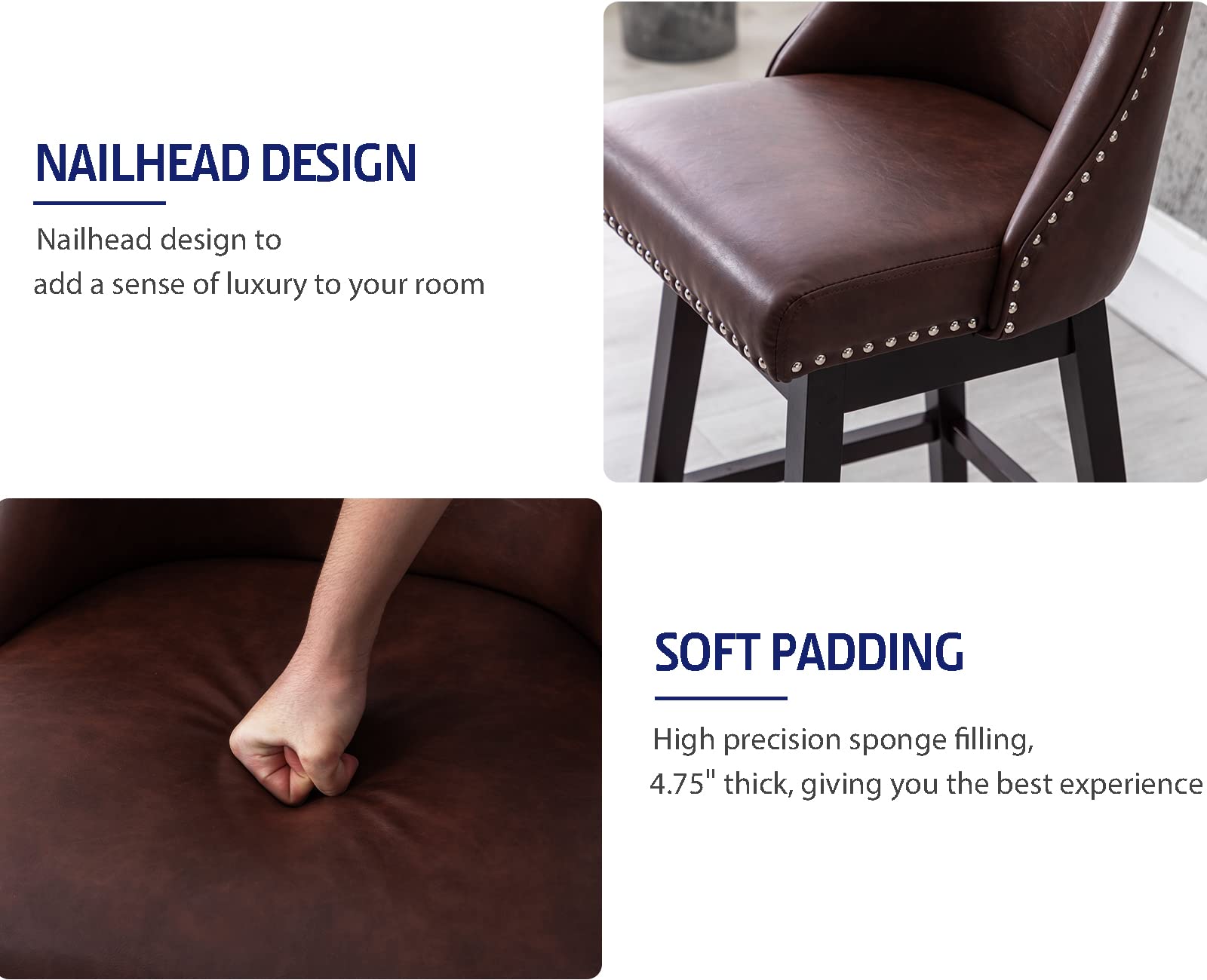 Kmax Leather Counter Height Bar Stools Swivel Farmhouse Bar Stools with Wood Legs Nailhead Footrest for Kitchen Island, Set of 2- Chocolate