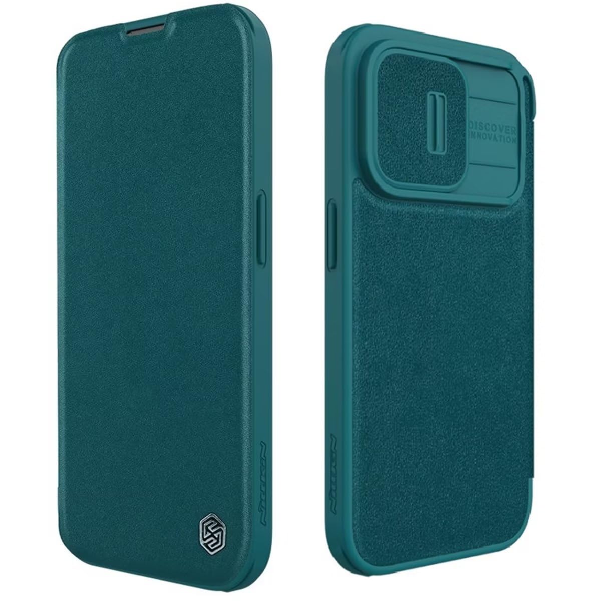 GOOVEN Flip leather case for iPhone 15 Pro Max [Compatible with Magsafe] Sliding camera cover Built-in card slot Impact-resistant slim business folio case，Green