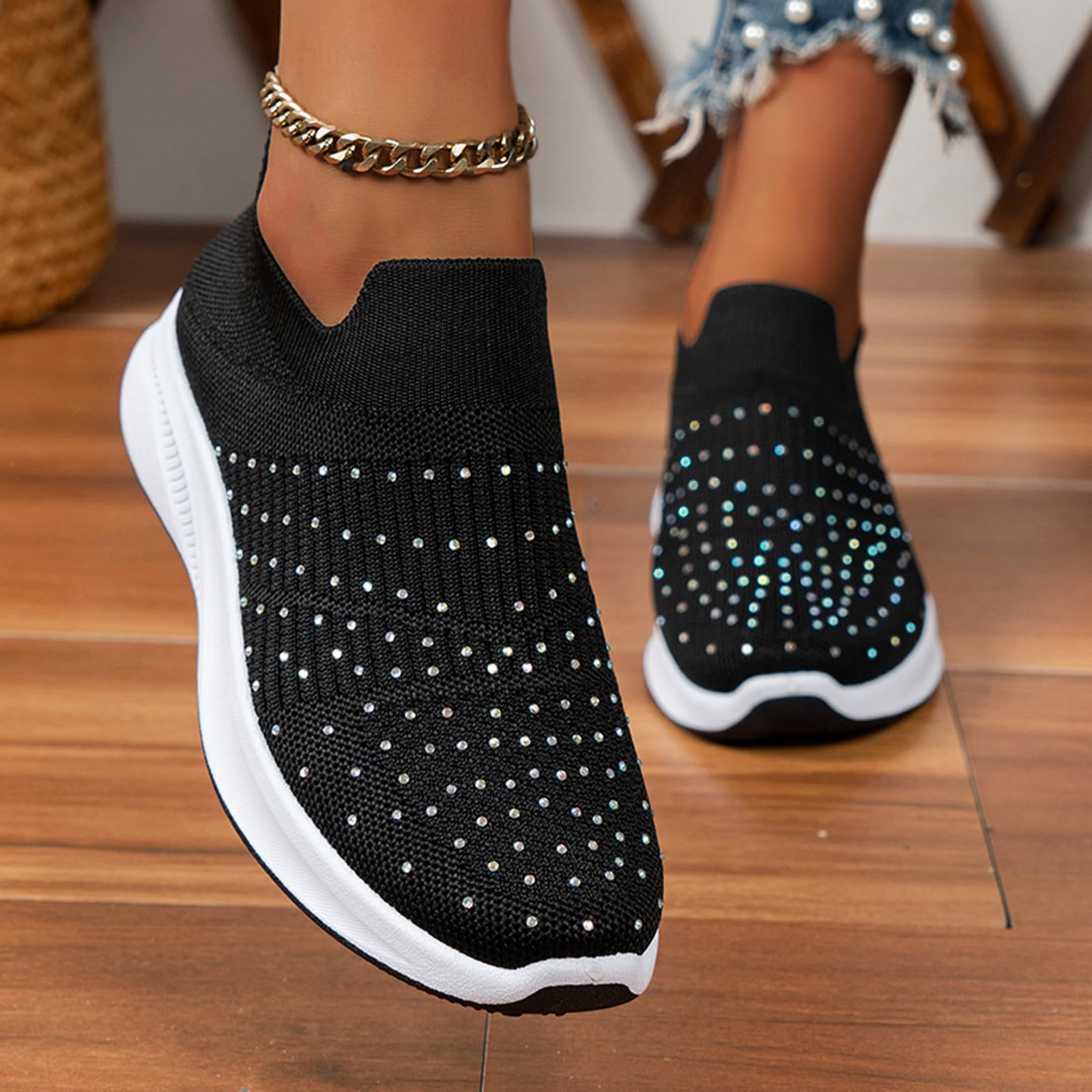 Htmbrou Women's Rhinestone Mesh Orthopedic Sneakers Mesh Walking Shoes Crystal Glitter Slip On Breathable Arch Support Sock Sneaker B-White