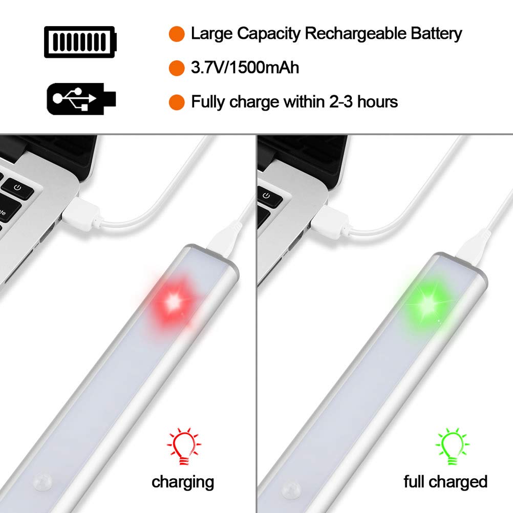 imenou Led Closet Light, USB Rechargeable 52-LED Under-Cabinet Lighting, Motion Sensor Activated Night Light with Magnetic Strip for Closet, Cabinet, Wardrobe (White 2pack)