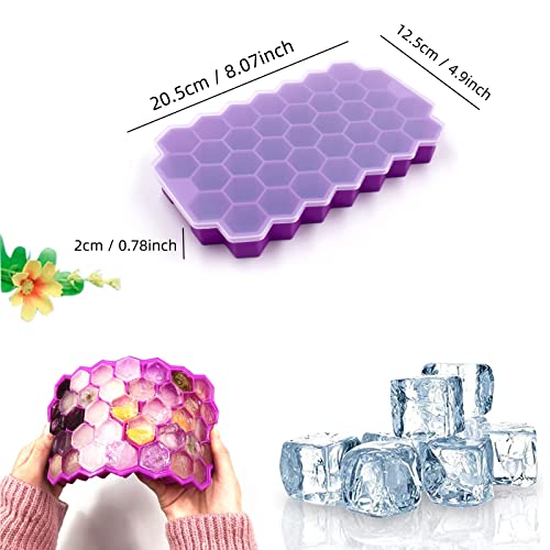 Ice Cube Tray for Freezer 2 Pack Silicone Ice Cube Molds with Lid 74 Cubes Ice Maker Countertop for Drinks Whiskey Cocktails Coffee Milk, Purple & Blue