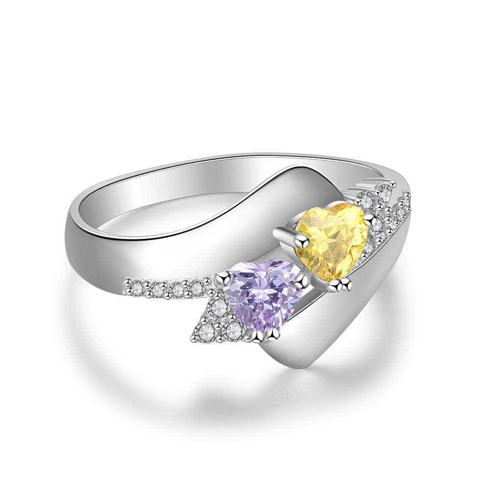 GLAMCARAT Sterling silver Personalized Promise Ring Women’s Stone Rings Heart Shaped Name Rings customized engraved name mothers ring with 2 birthstones