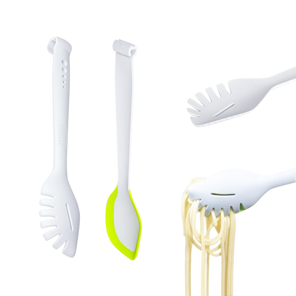 Grand Fusion 5 in 1 Tongs. Serving Set for Pasta or Salad, Herb Stripper, Sauce Spoon, Spatula - Scrapper,Fork and Spoon Spatula Grips. Heat Resistant, Non-Stick, and BPA Free