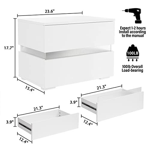 HALLOLURE Nightstand Modern Low Profile White Nightstand with Drawers and LED Light 17.7" Tall Night Stand Bed Side Table for Bedroom, Platform Bed