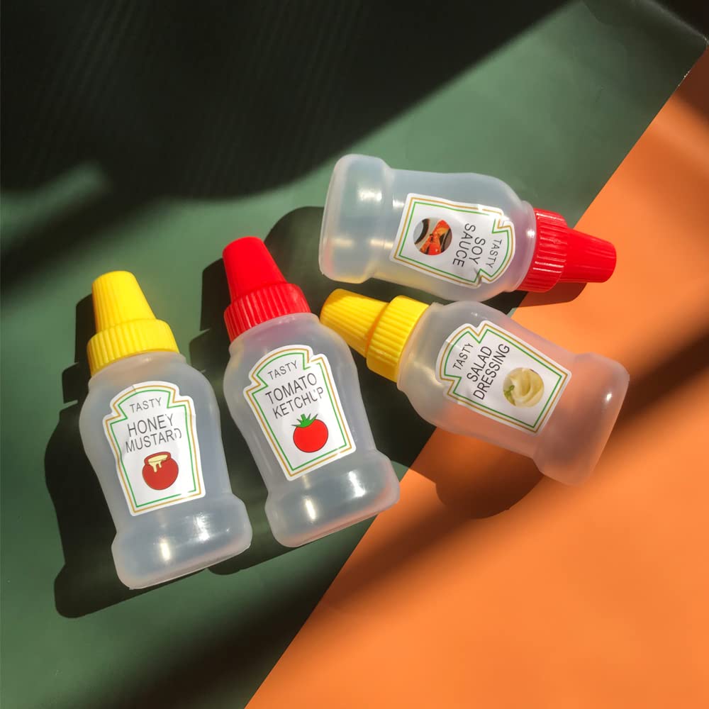 ZAYOIZY 4pcs Mini Condiment Squeeze Bottles 25ml Honey/Ketchup/Soy Sauce/Salad Dressing Dispensers Squeezable Jars Containers Plastic Portable Lunchbox with Sturdy Screw Cap