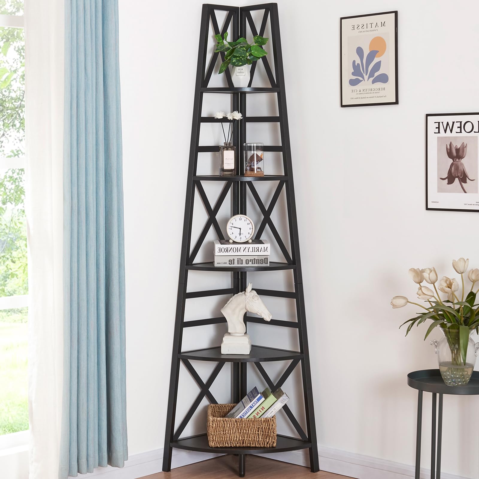 HOMBAZAAR 5-Shelf Industrial Corner Bookcase and Shelf, Standing Tall Corner Bookshelf Display Unit Storage Rack for Home Livingroom Small Space, Retro Brown Finish