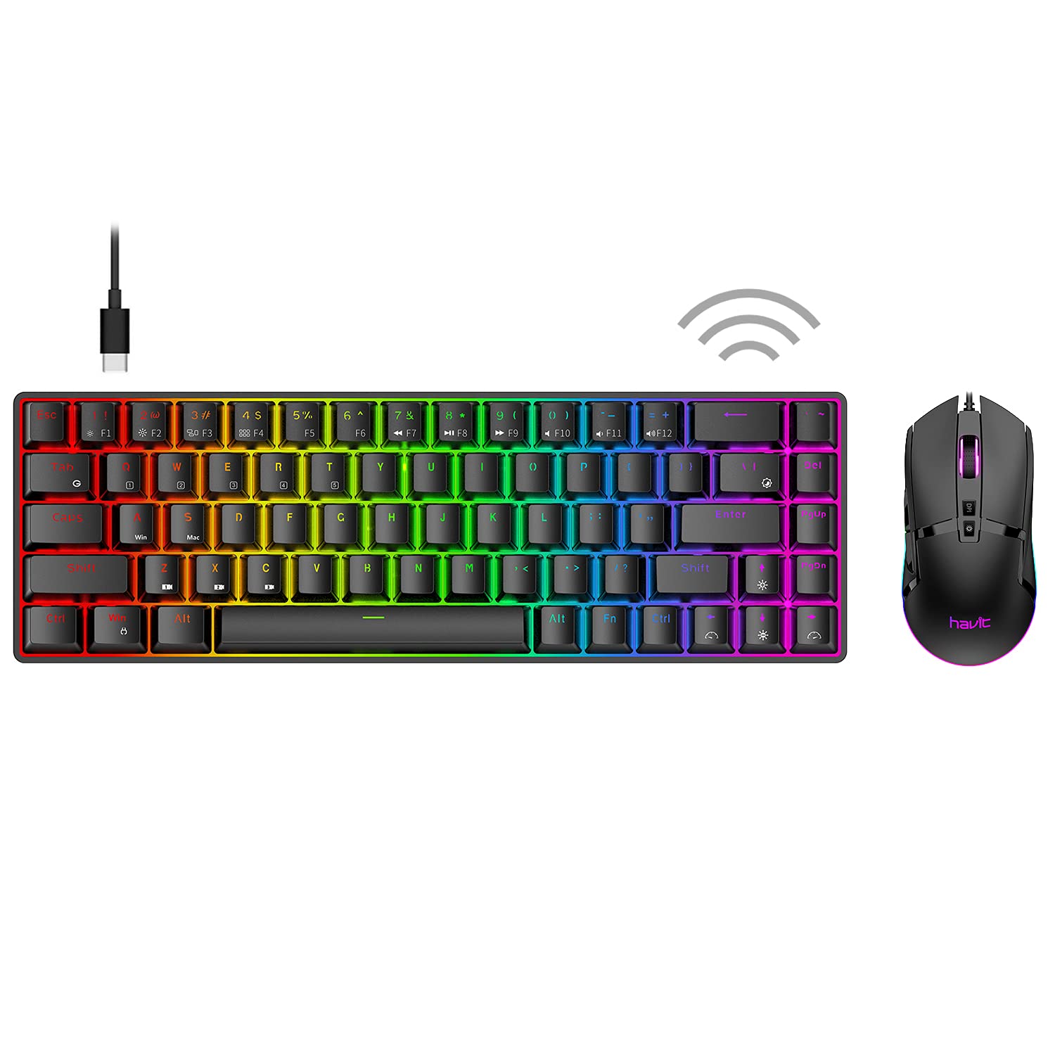 Havit 60% Wireless Mechanical Keyboard and Wired Mouse, Bluetooth 5.1 & Type C Wired 68 Keys Gaming Keyboard Brown Switch,Programmable Gaming Mouse for Multi-Device PC Laptop Gamer (Black)