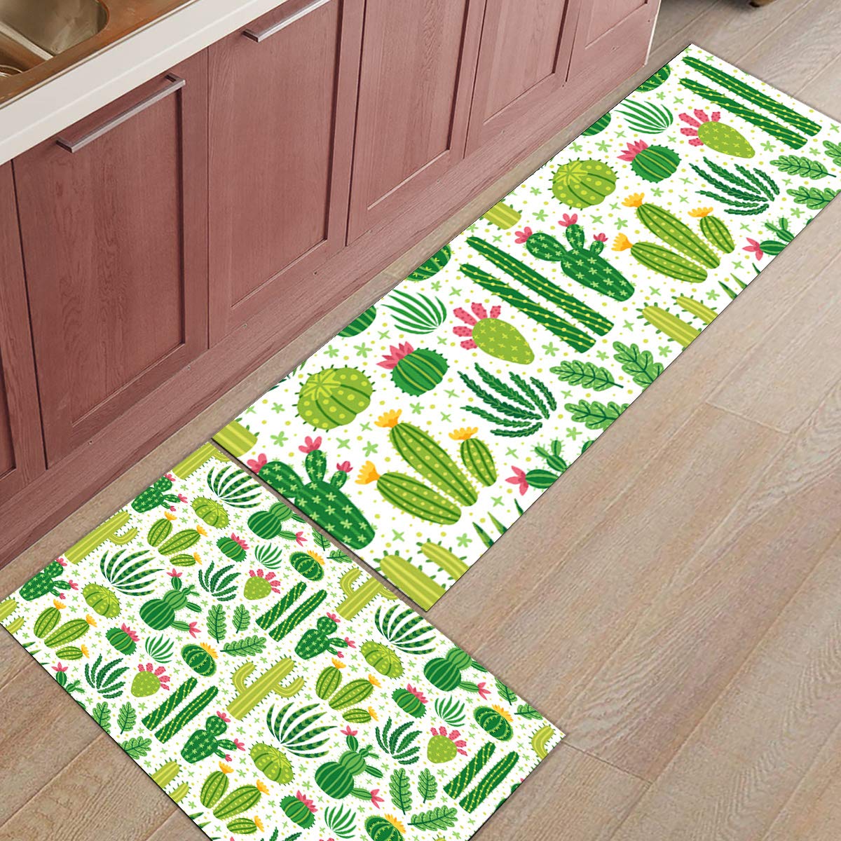 Kitchen Rugs, Cactus Succulent Plants Green Tile Pattern Non Slip Runner Rug Mat for Floor, Kitchen, Bedside, Sink, Office, Laundry, Set of 2
