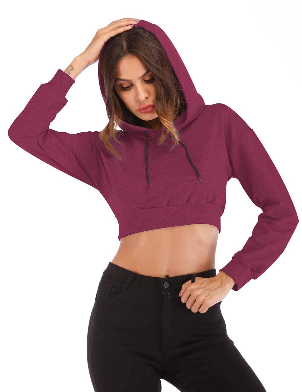 HIOINIEIY Women's Long Sleeve Pullover Crop Top Hoodie Workout Casual Cute Cropped Sweatshirt Dark Purple M