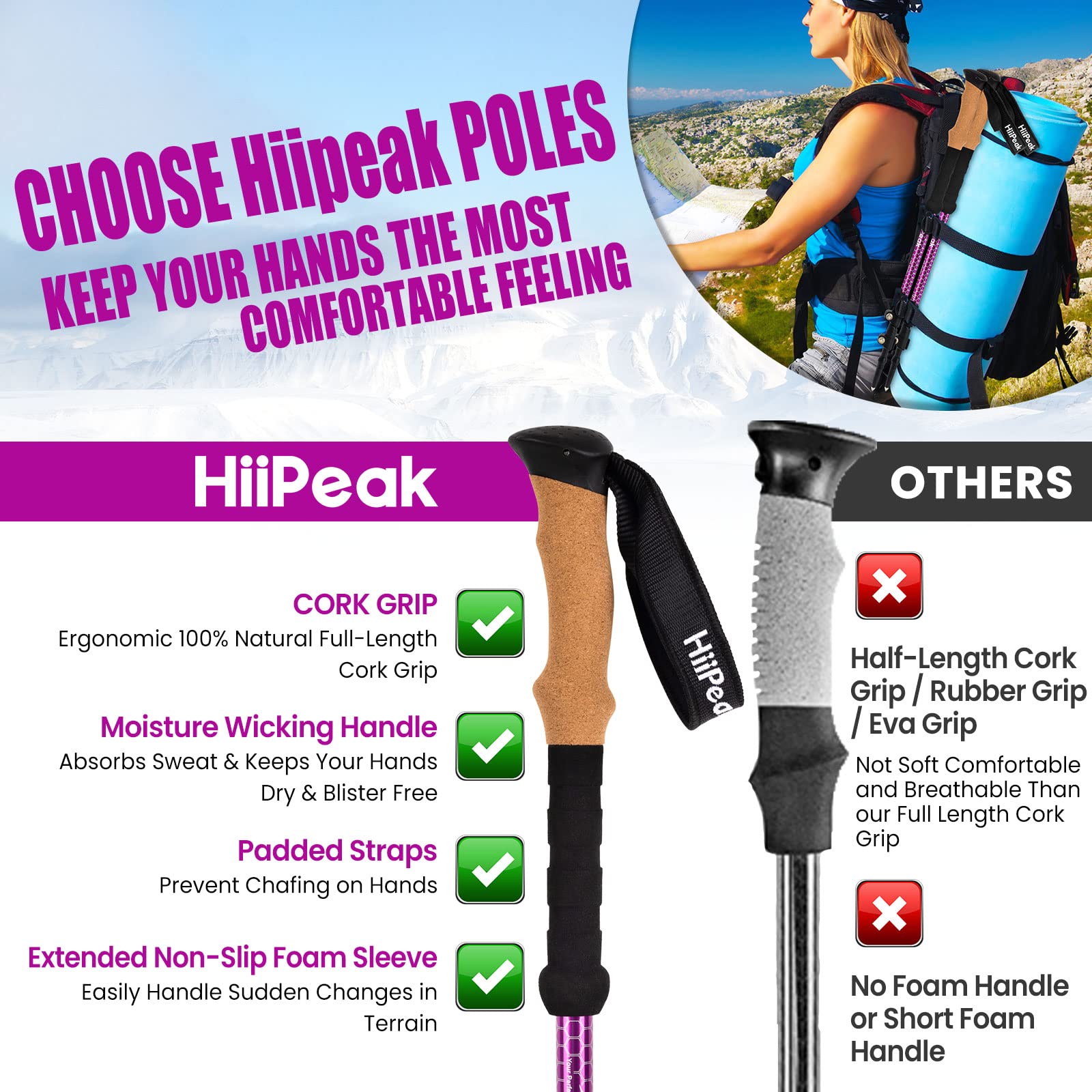 Hiipeak Lightweight Trekking Poles - 1 Pair Adjustable Hiking Sticks- Collapsible Walking Poles - Cork Grip- Aluminum 7075-Quick Flip-Lock for Hiking, Camping & Backpacking