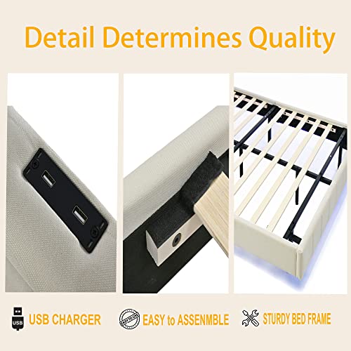 SIYSNKSI Modern Queen Upholstered Platform Bed with LED Lights, Floating Bed Frame with USB Charging and Headboard, Upholstered Platform Bed Frame for Kids Teens Adult Bedroom (Beige-055)