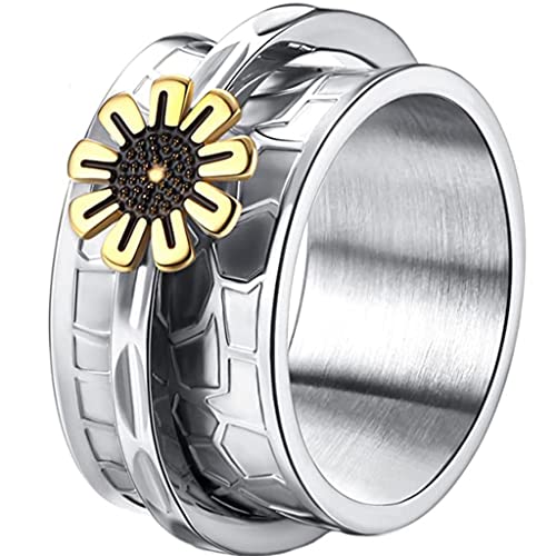 Jude Jewelers Retro Vintage Stainless Steel Hammered Flower Rotating Spinner Anxiety Pressure Relief Ring (Silver Gold, 7)