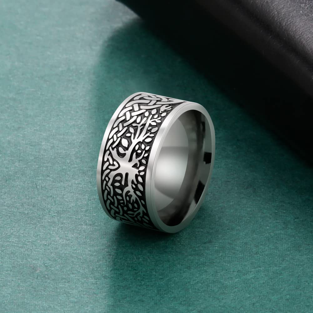 Hipee Celtic Knot Pattern Ring, Stainless Steel Jewelry for Men Women, 10mm Wide, 2mm Thick (Tree of Life, 10)