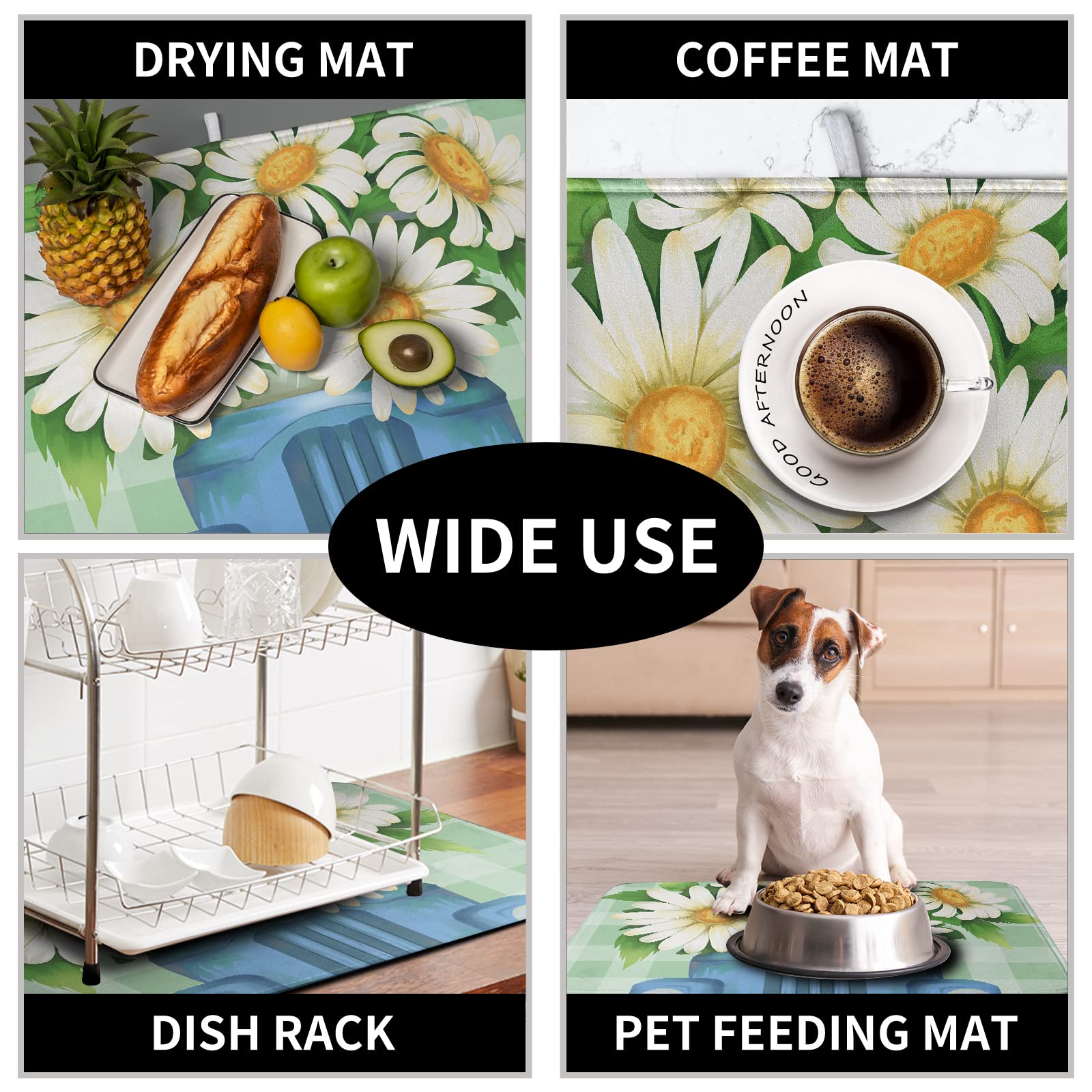 Kwlegh Daisy Dish Drying Mat for Kitchen Counter White Flowers Dish Mat Blue Truck Dish Mat Drying Kitchen Mat Reversible Microfiber Absorbent Coffee Bar Mat for Sinks Dining Table 16x18 Inch