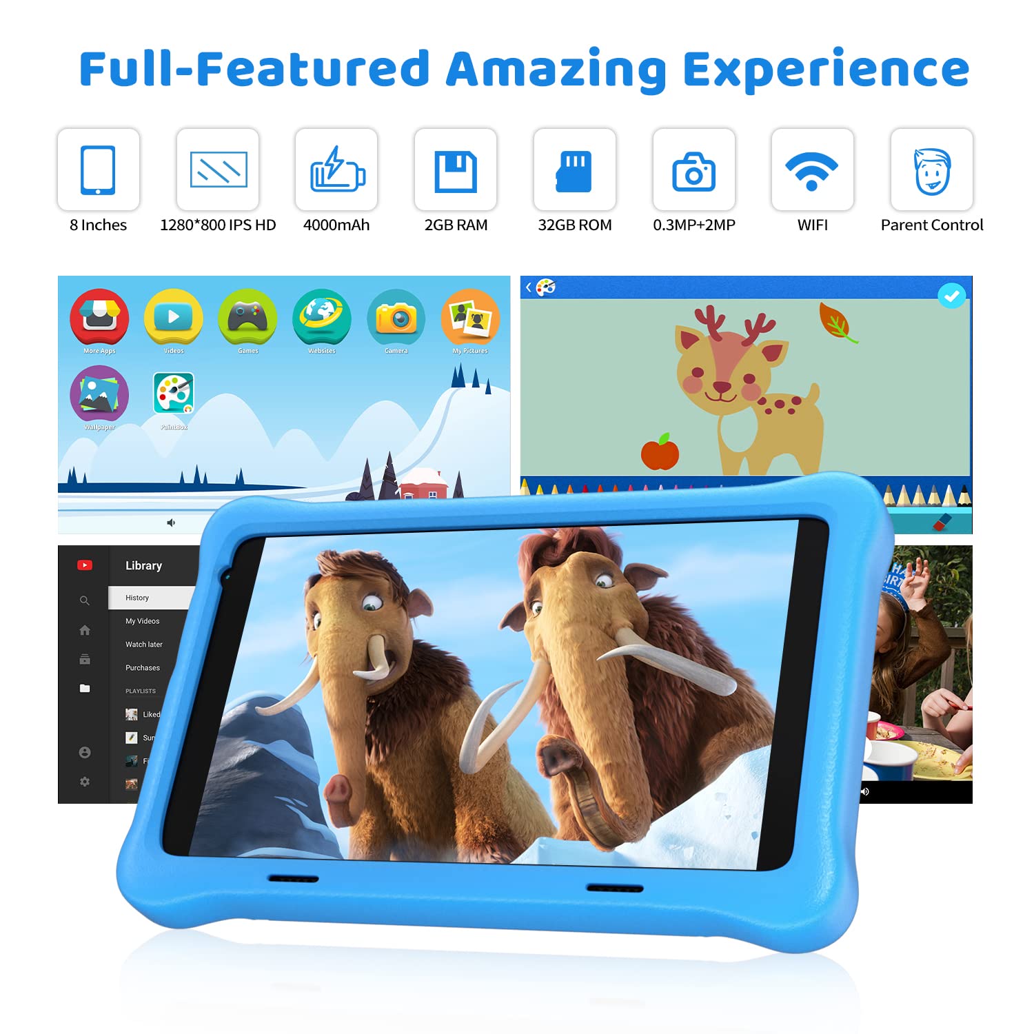 HiGrace Kids Tablet 8 inch, Android 10 Tablets for Kids with Kidoz Installed, HD1280*800, 2GB+32GB ROM, 4000mAh Battery, WiFi, Bluetooth, Kids Edition Tablet with Protective Case - Blue