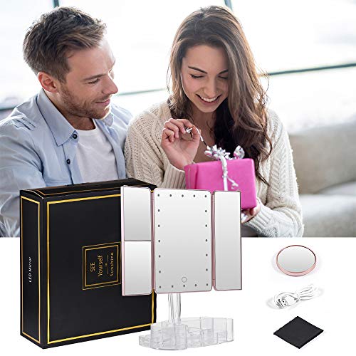 Hansong Makeup Mirror with Lights and Bluetooth - Tri-Fold Vanity Mirror with Magnification (2x/3x/10x), Lighted Mirror with Makeup Organizer Tray,Touch Screen Dimming,Rechargeable
