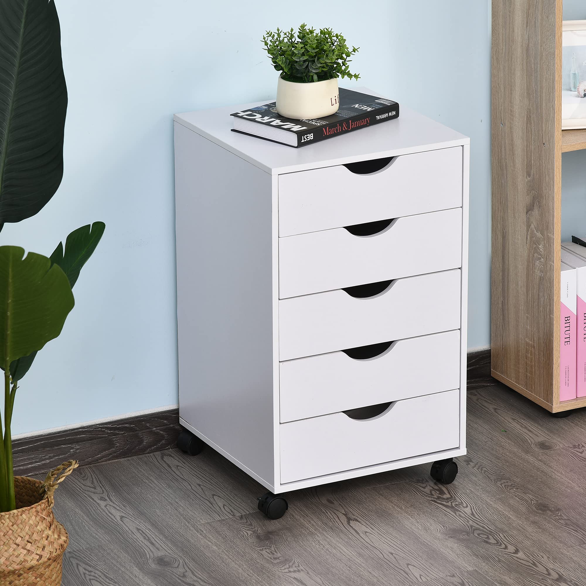 HOMCOM 5 Drawer Storage Organizer Office Cabinet with Nordic Minimalist Modern Style & Wheels, White
