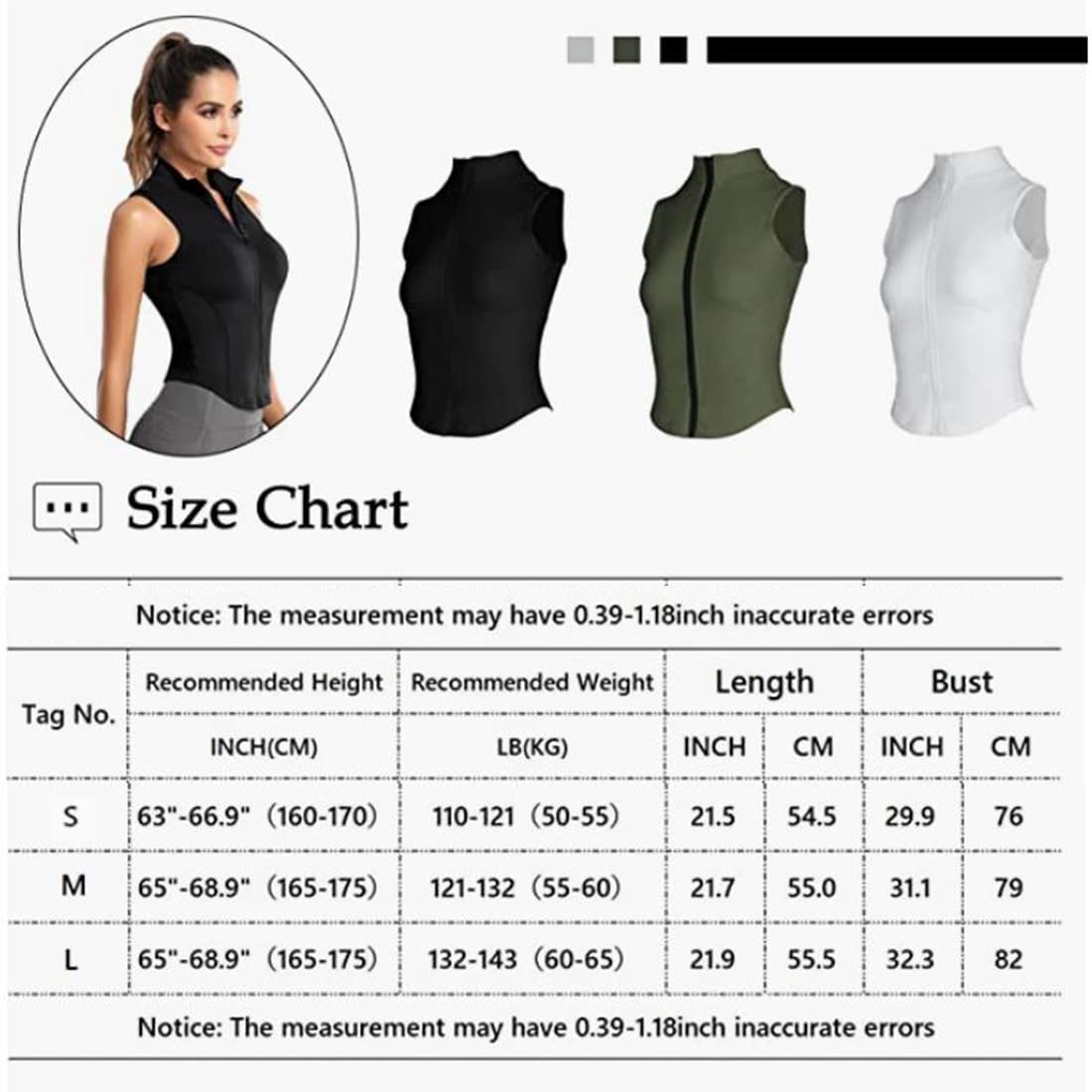 Inadays Women's Activewear T-Shirts Sleeveless Athletic Tank Top Shirts Zip Up Tshirt for Running Fitness Exercise White