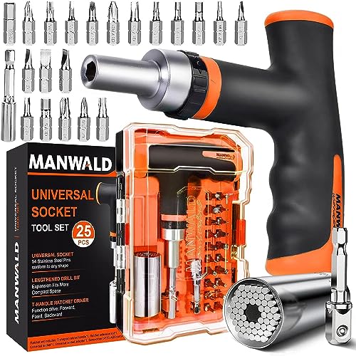 MANWALD Universal Socket Tool Set, Ratcheting T-Handle Screwdriver Set with Power Drill Adapter, Valentines Day Gifts for Him, Women, Dad, Husband, Orange