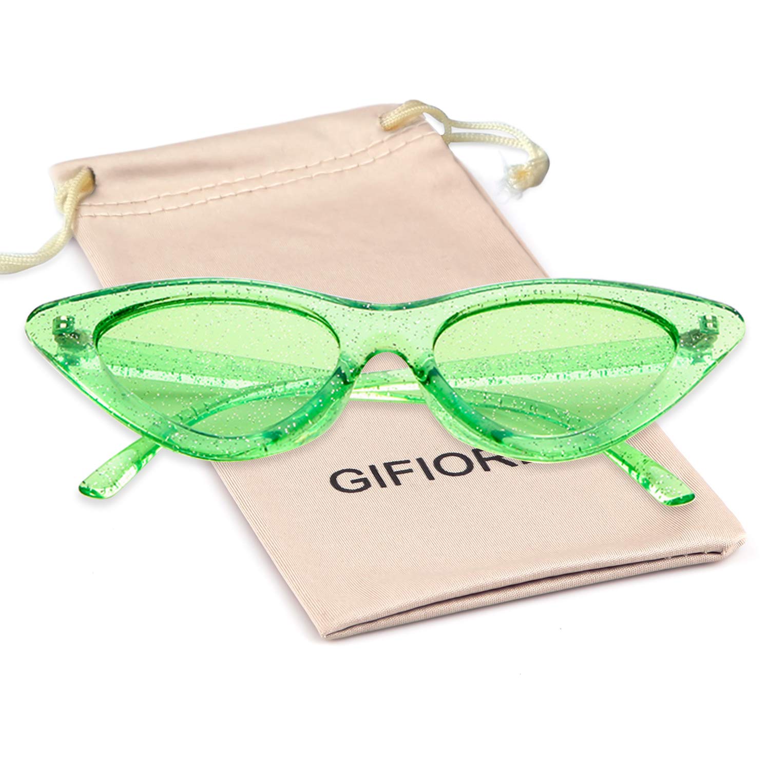 GIFIORE Retro Vintage Cat Eye Sunglasses for Women Trendy Narrow Cateye Frame Sun Glasses (Neon Green Frame Green Lens with Glitter)